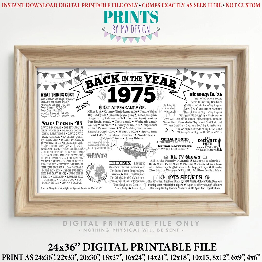 Back in the Year 1975 Banner, Remember 1975 Poster Board, Flashback to ...