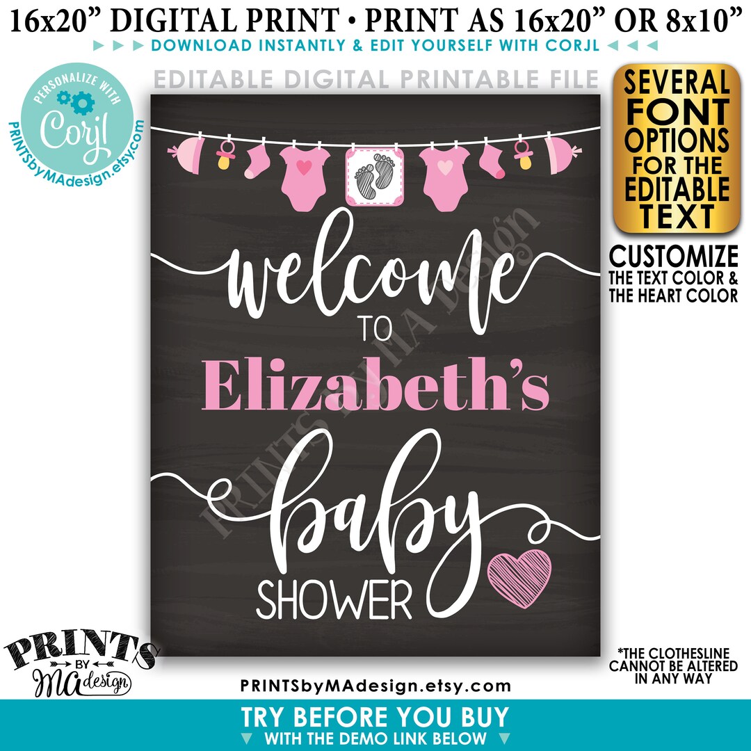 Editable Baby Shower Welcome Sign, It's a Girl, Pink Clothesline Decor ...