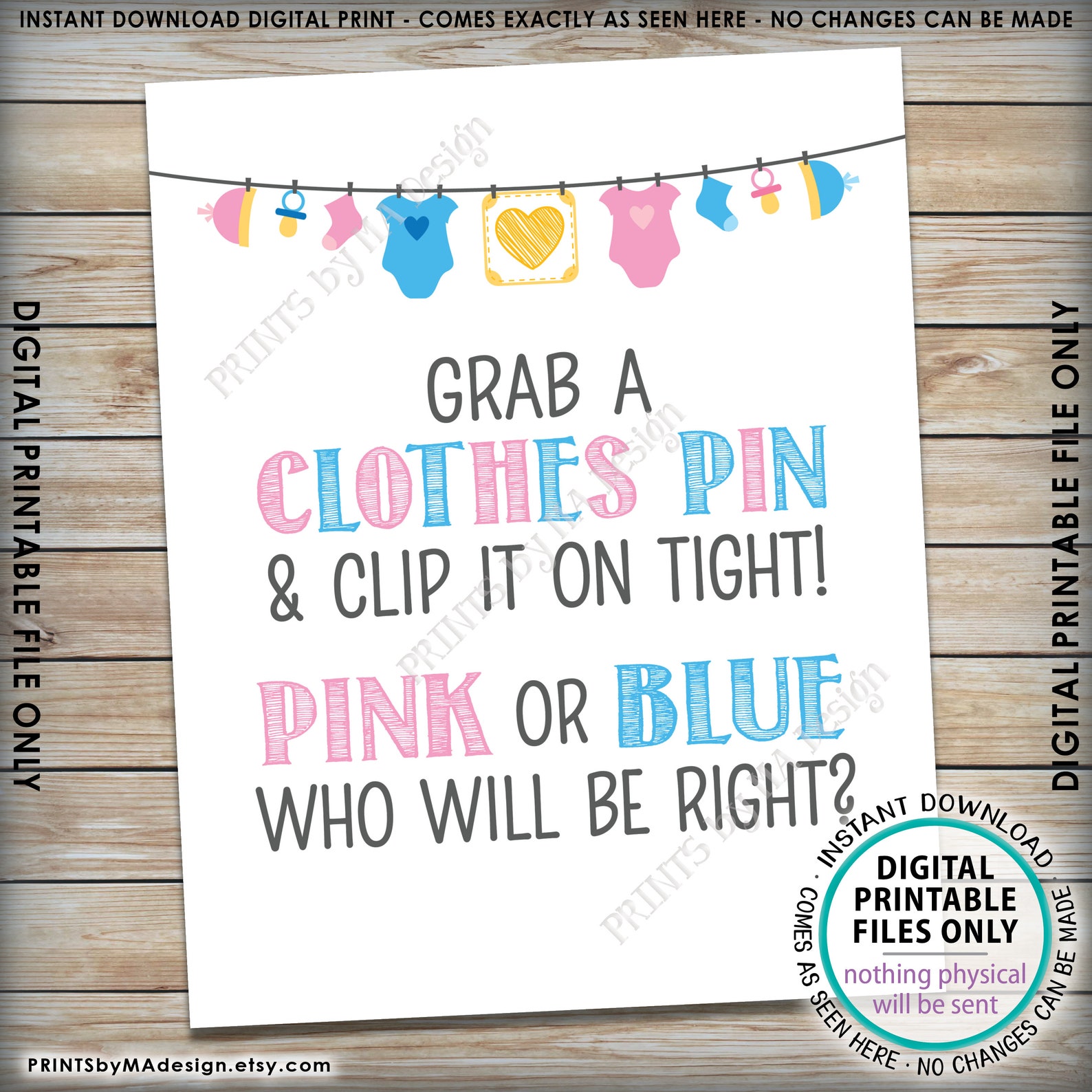 Gender Reveal Party Sign, Clothes Pin Pink or Blue Sign, Grab a ...