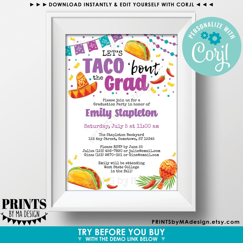 Taco Graduation Party Invitation Let's Taco 'bout the - Etsy