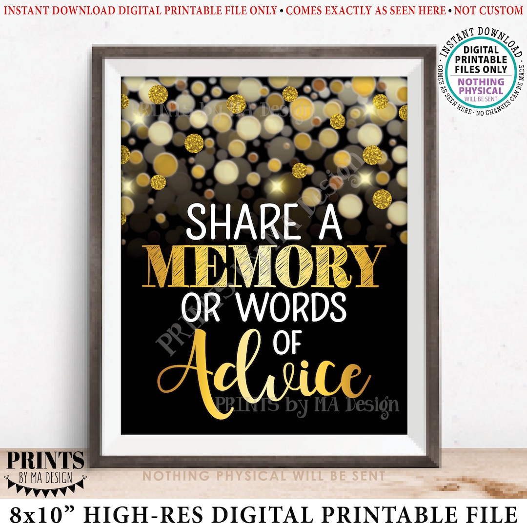 Share a Memory or Words of Advice Sign, PRINTABLE Black & Gold Glitter ...