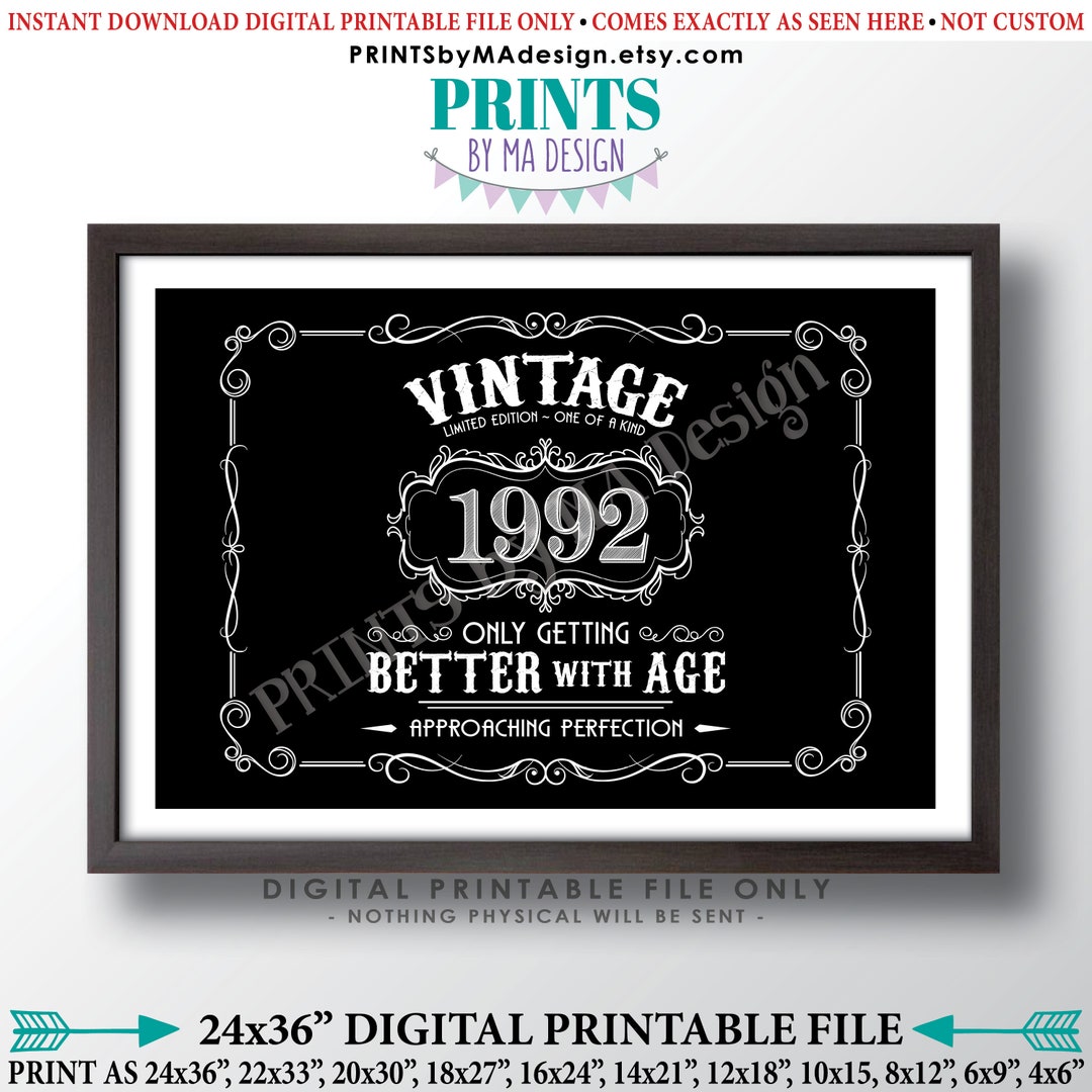 1992 Birthday Sign, Vintage Better With Age Poster, Whiskey Theme Black ...