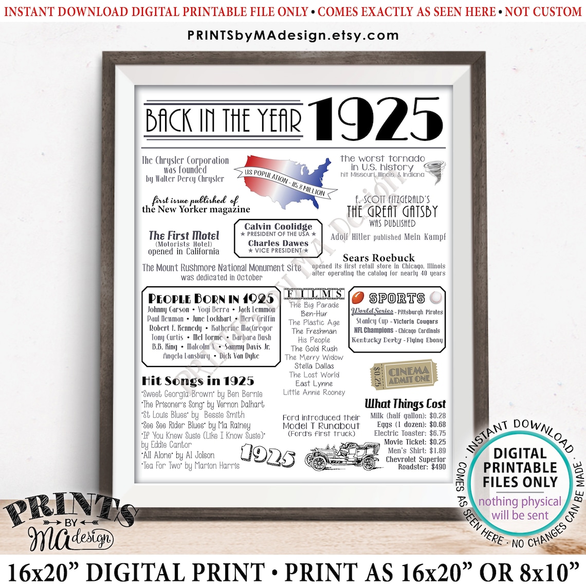 Back in the Year 1925 Poster Board Flashback to 1925 USA | Etsy