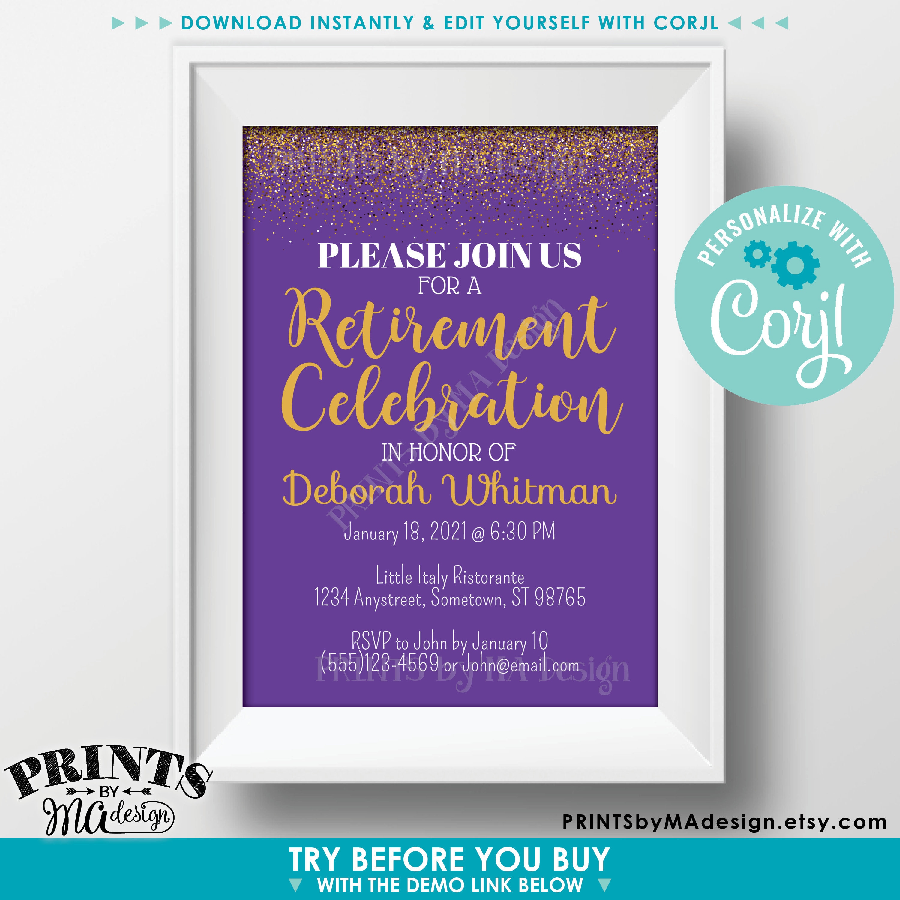 Retirement Celebration Invite, Gold Glitter, Custom PRINTABLE 5x7 ...