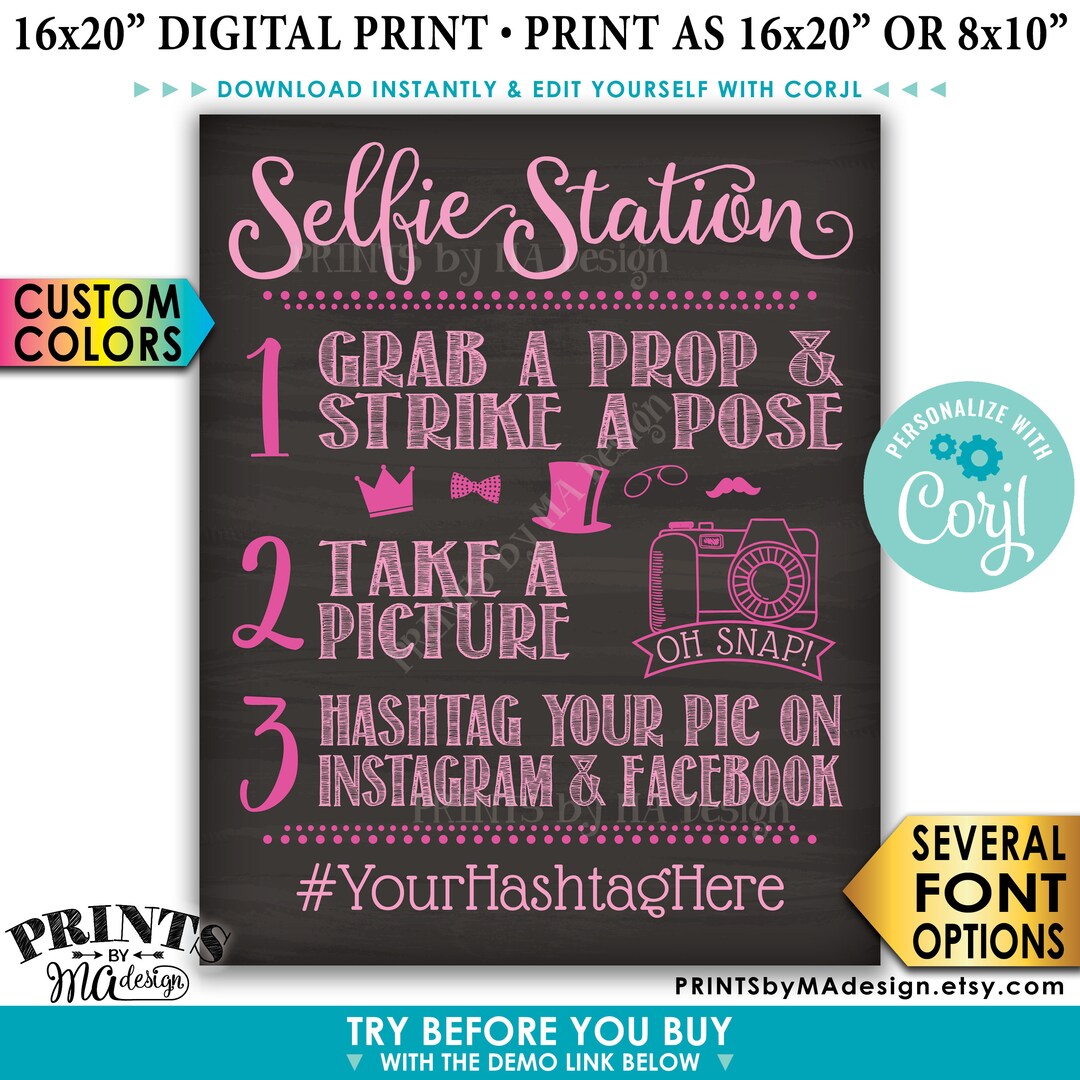 Selfie Station Sign, Share on Instagram & Facebook, Custom PRINTABLE ...