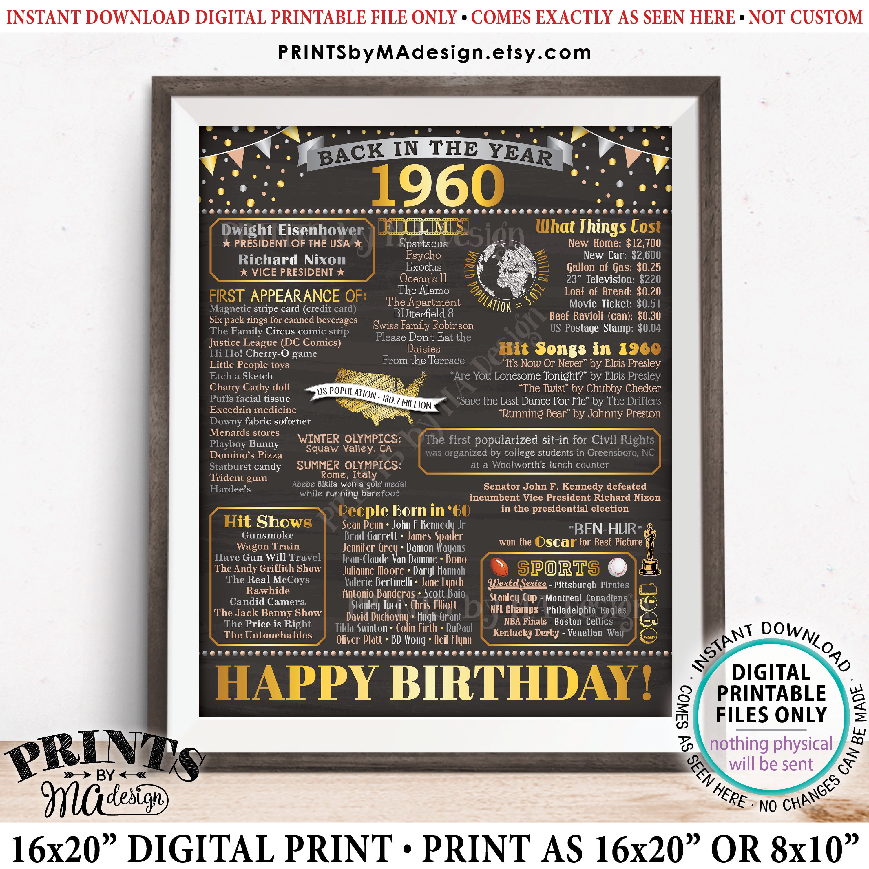 Back in the Year 1960 Birthday Sign, Flashback to 1960 Poster Board ...