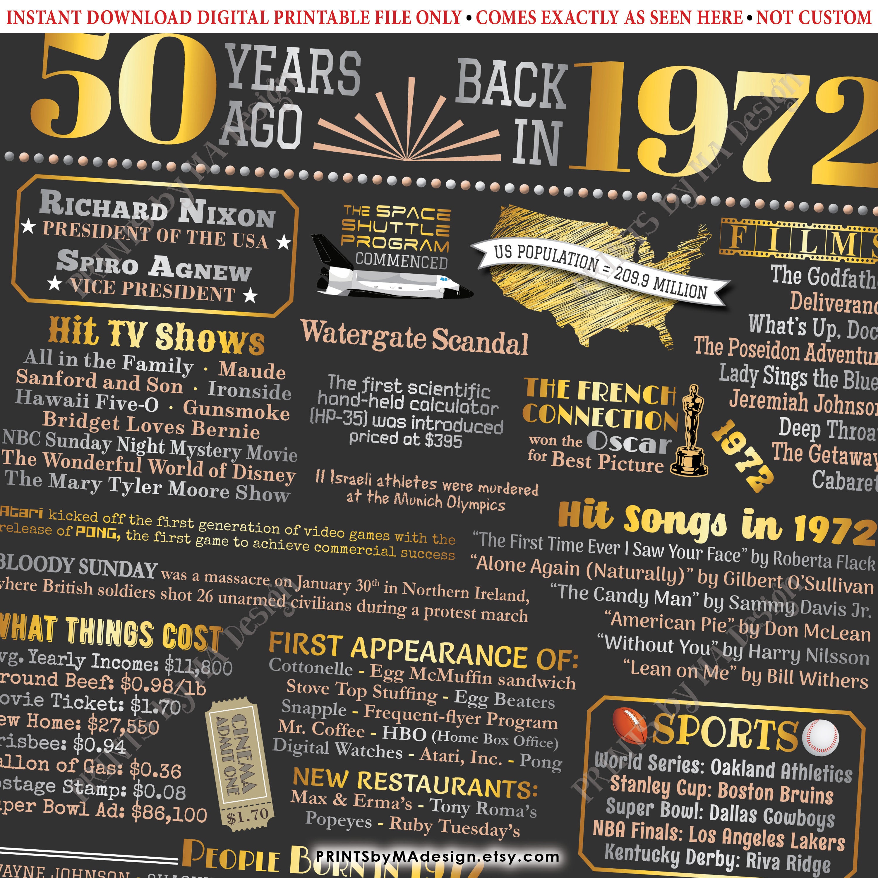 50th Birthday Poster Board, Born in the Year 1972 Flashback 50 Years ...