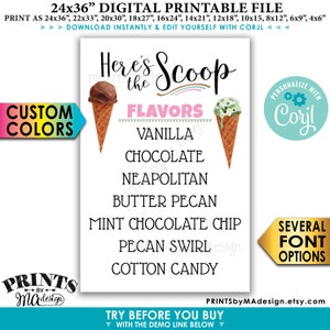 Ice Cream Flavors Sign, Here's the Scoop Ice Cream Bar, PRINTABLE 24x36 ...