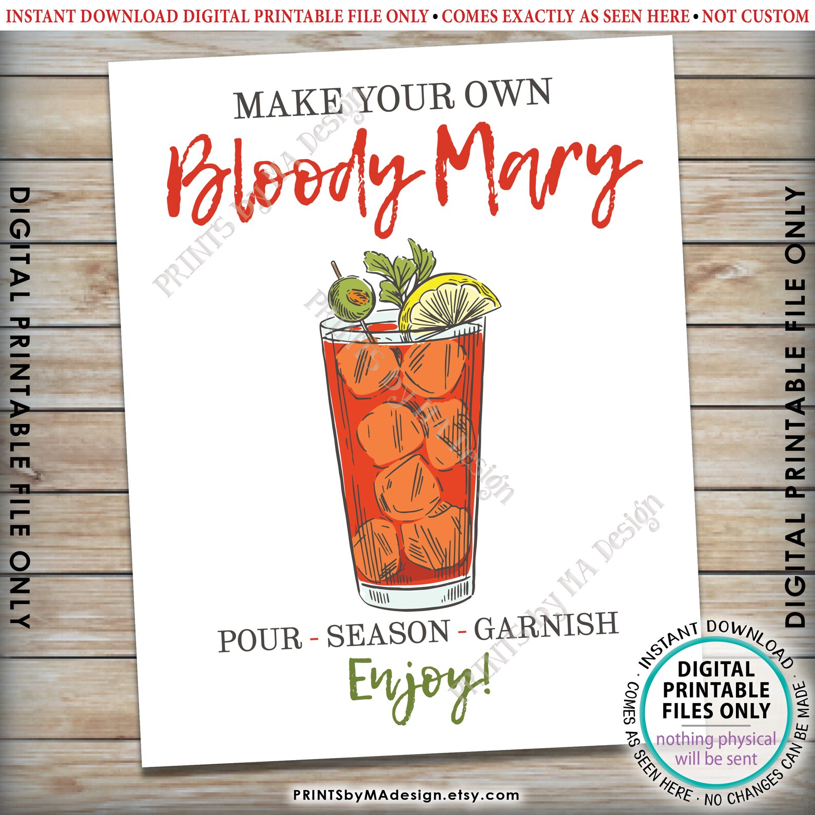 Bloody Mary Sign, Make Your Own Bloody Mary, Pour Season Garnish Enjoy ...