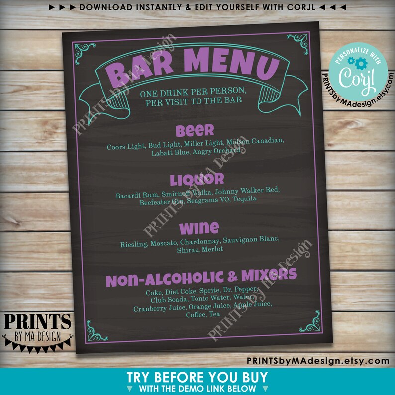 Bar Menu Sign Editable 8x10/16x20 PRINTABLE Chalkboard Style | Etsy