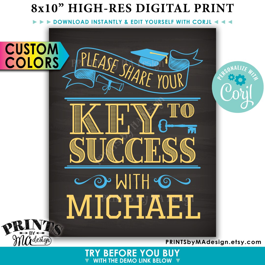 Graduation Key to Success Sign, PRINTABLE 8x10” Chalkboard Style ...