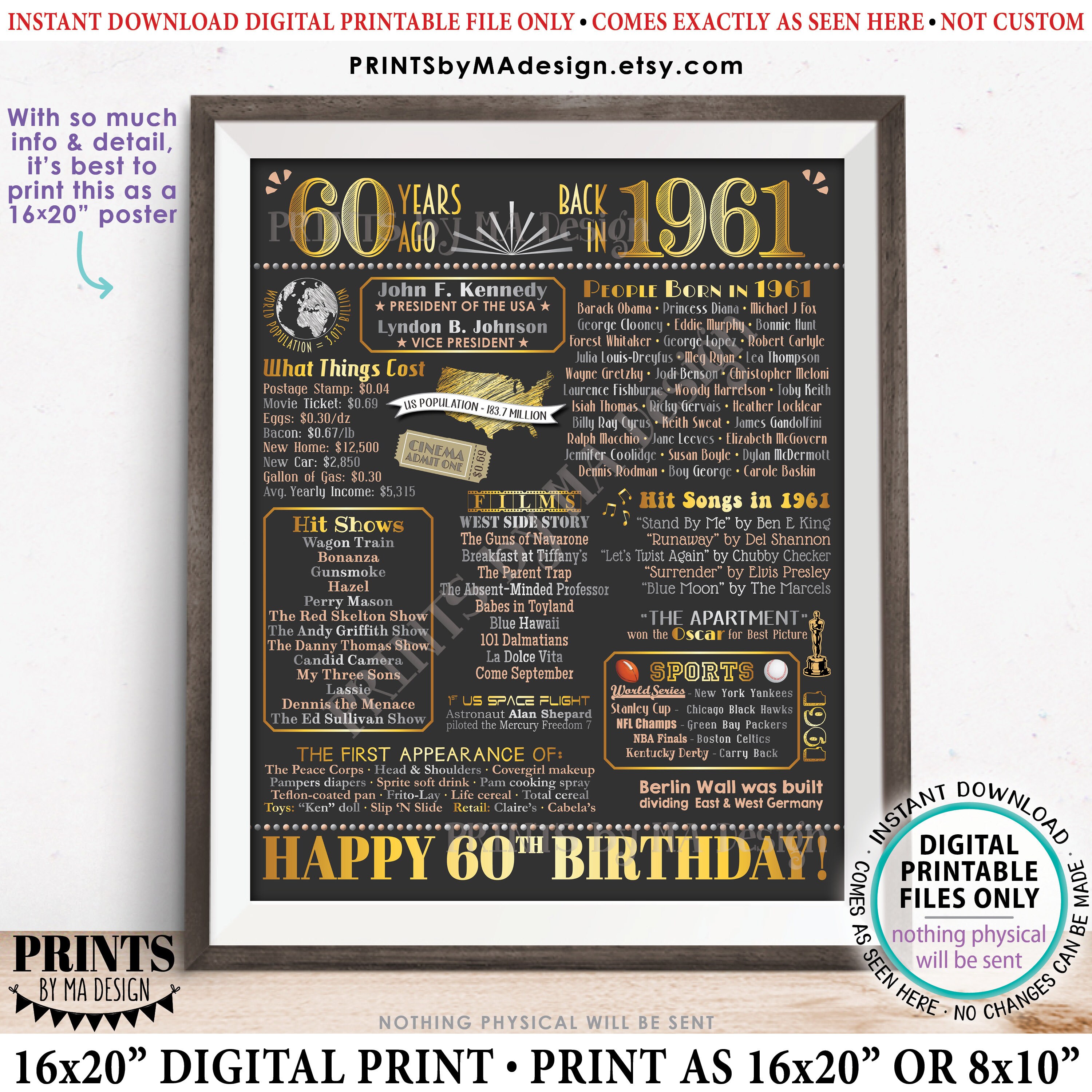 60th Birthday Poster Board, Born in the Year 1961 Flashback 60 Years ...