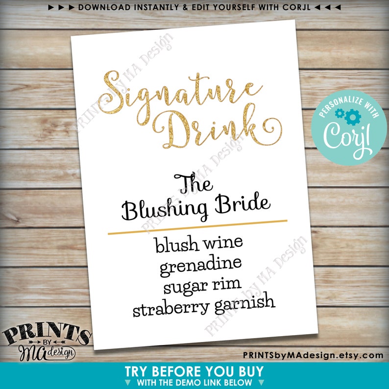 Signature Drink Sign, Wedding Bar, Birthday Cocktail, Gold Glitter ...