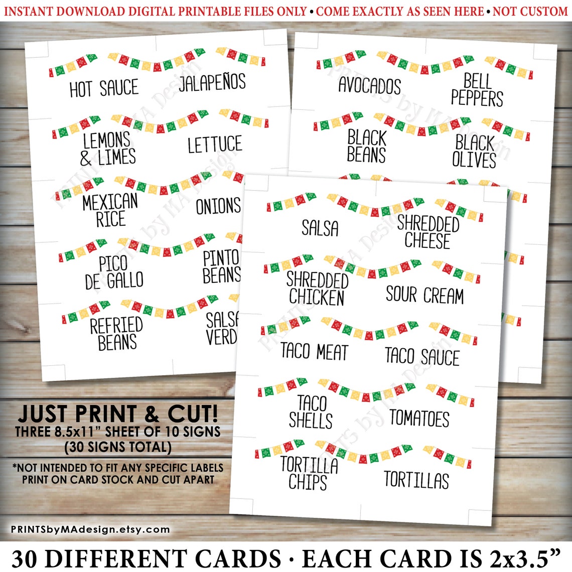 Taco Bar Labels with Flags Fiesta Mini Menu Taco Menu Signs | Etsy