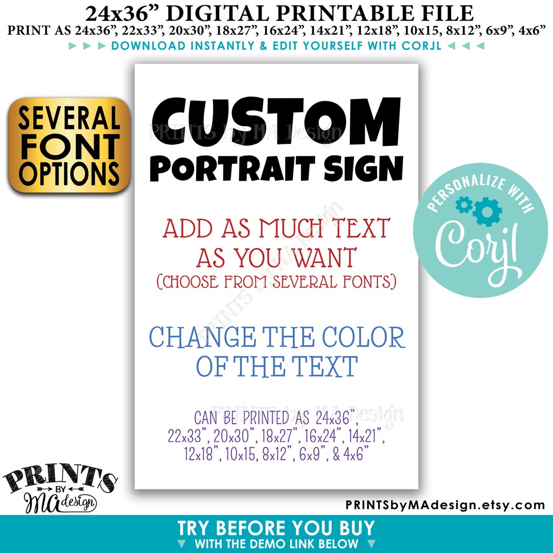 Custom Portrait Sign, Choose Your Text, Change Colors, Custom PRINTABLE ...