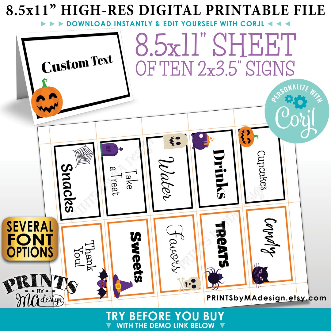 Halloween Place Cards, Buffet Food Signs, One PRINTABLE 8.5x11" Sheet ...