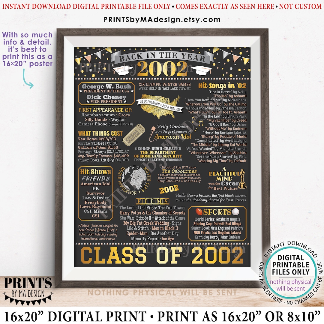 Class of 2002 Reunion Decoration, Back in the Year 2002 Poster Board ...