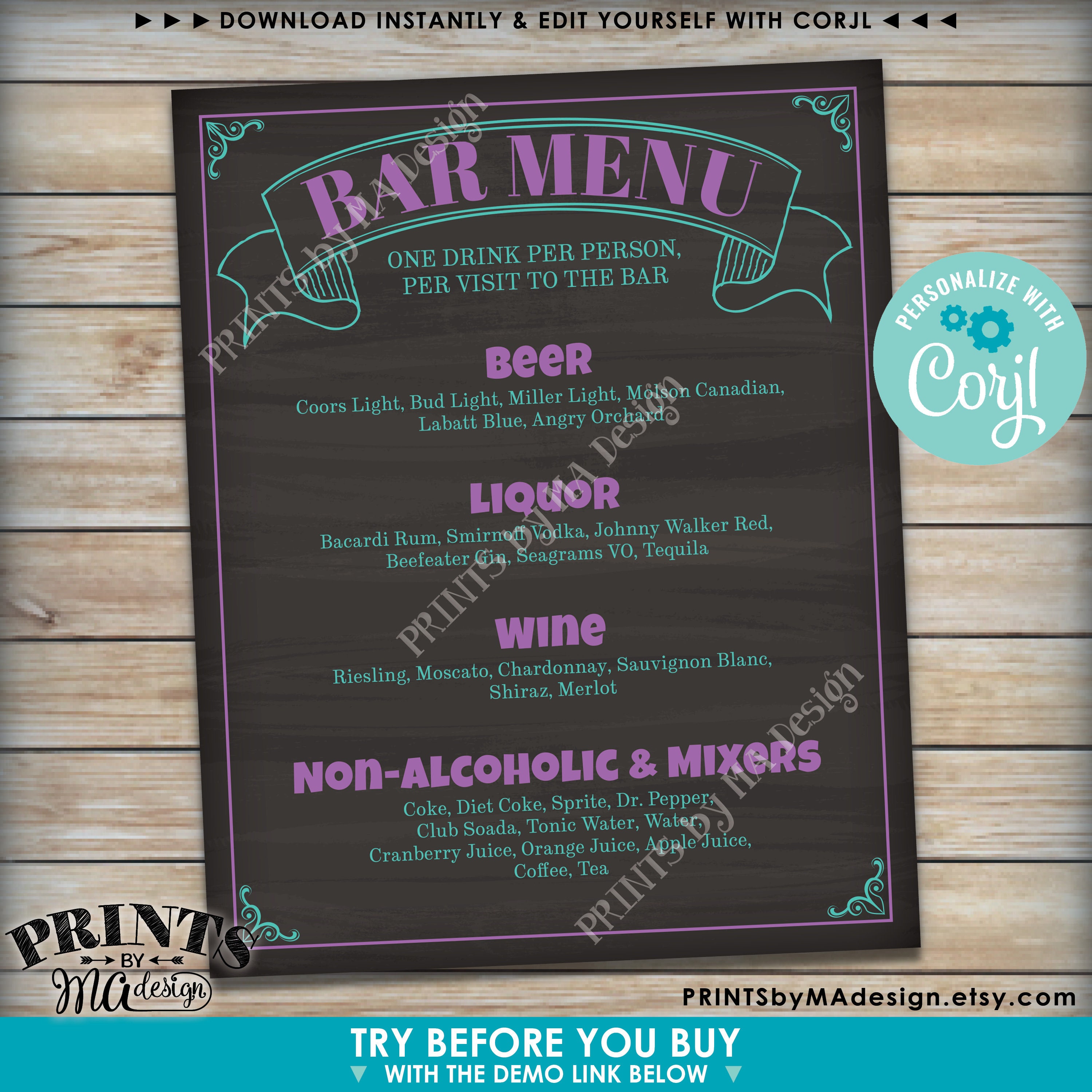 Bar Menu Sign, Editable 8x10/16x20” PRINTABLE Chalkboard Style Drink ...