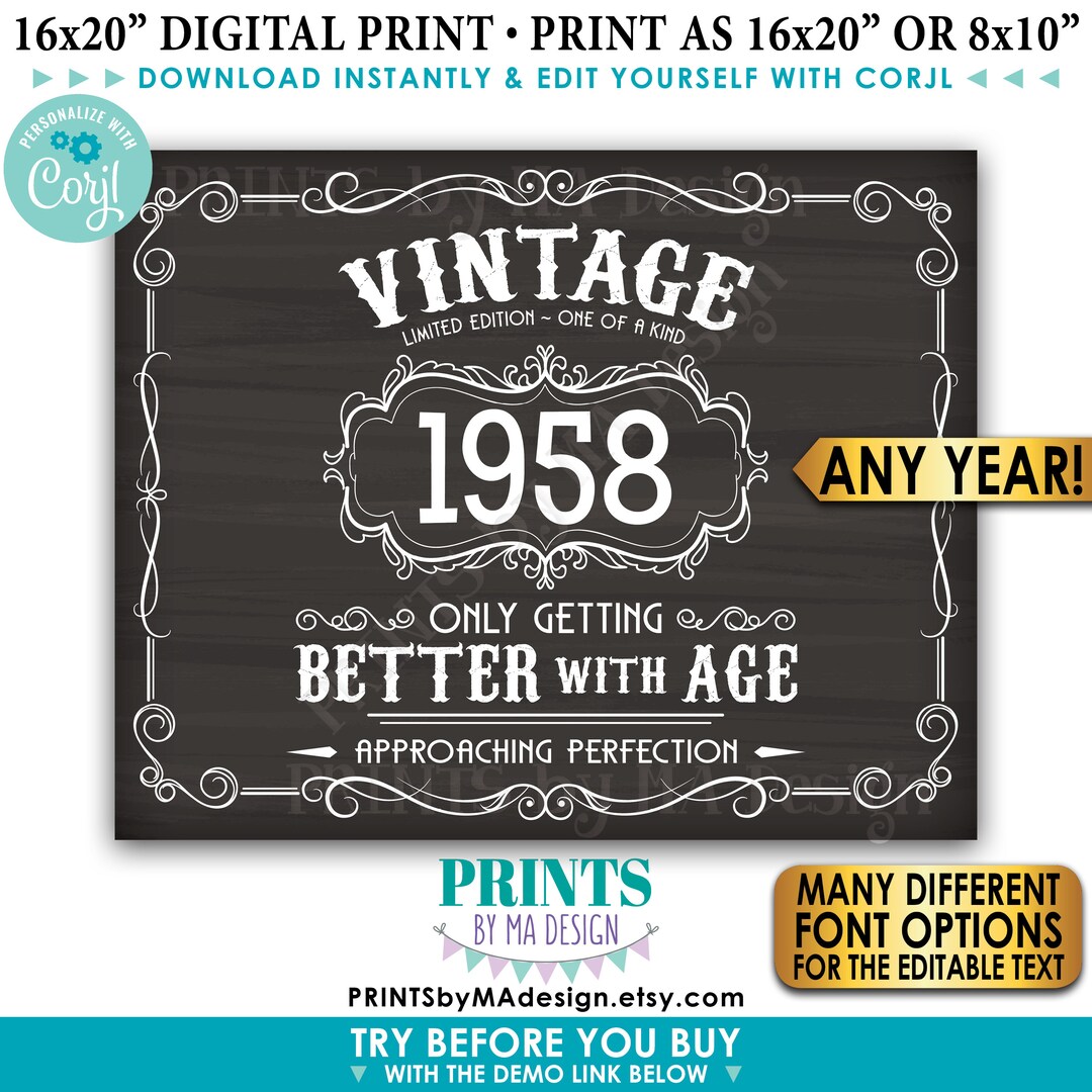 Vintage Better With Age Birthday Party, Custom Year, PRINTABLE ...