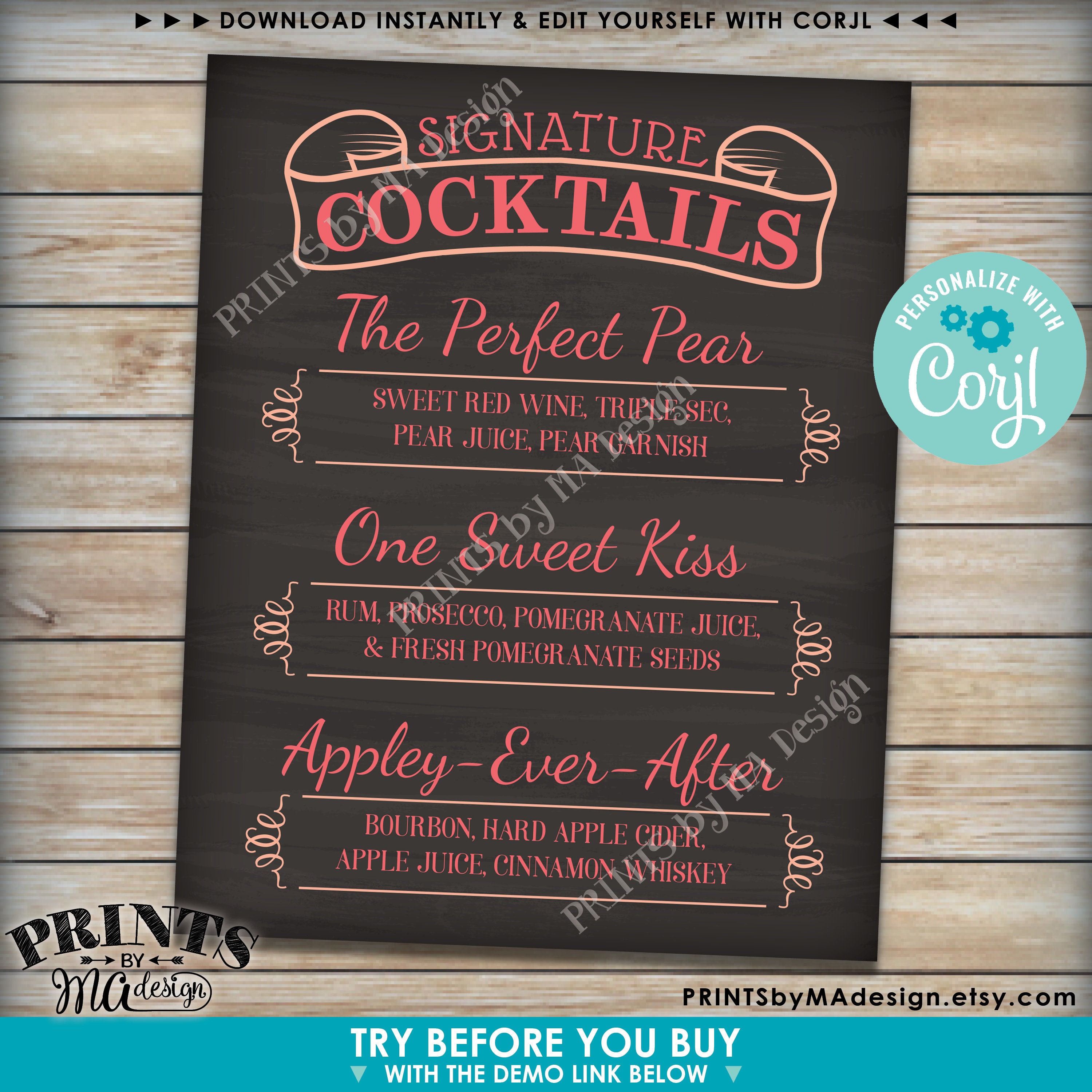 Signature Cocktails Sign 3 Signature Drinks Sign Custom | Etsy