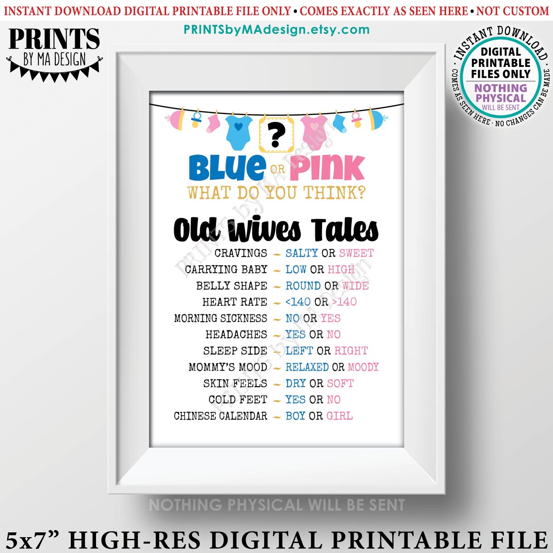 Old Wives Tales Gender Reveal Party Game Blue or Pink What Do - Etsy