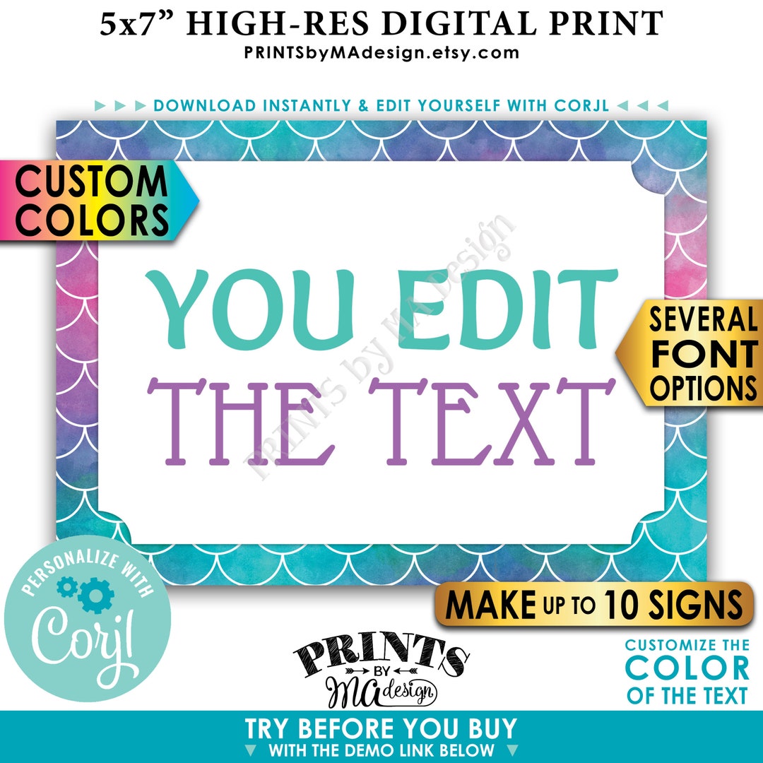 Custom Mermaid Signs, Choose Your Text Mermaid Party, Create up to 10 ...