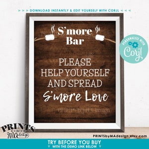 Custom S'more Sign, Smore Station, All Text is Editable, PRINTABLE 8x10 ...