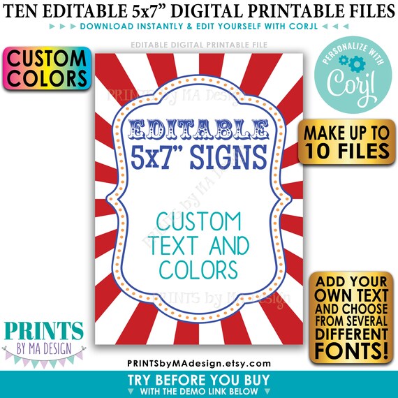 Editable Carnival Signs Circus Theme Birthday Party | Etsy