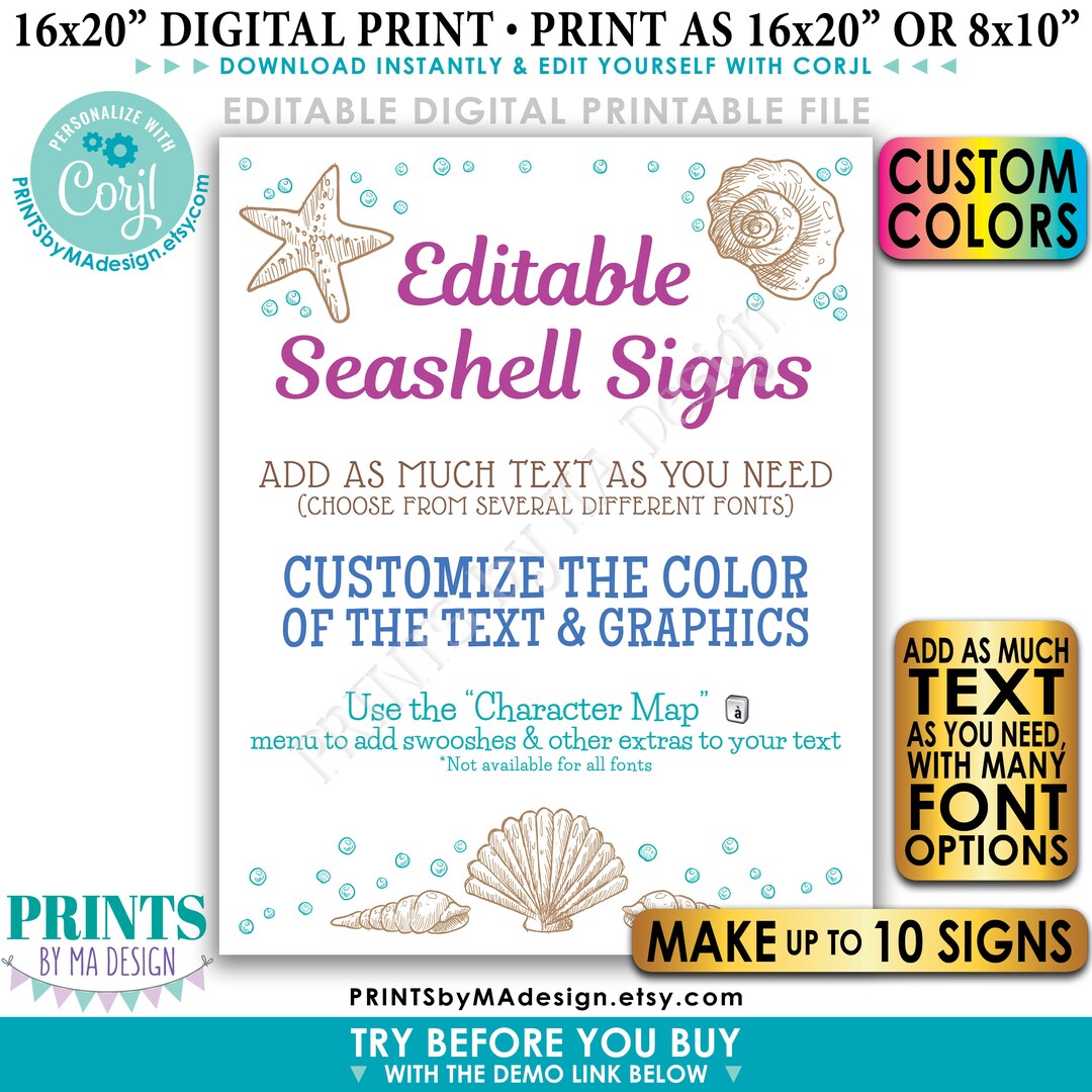 Editable Seashell Sign, Choose Your Text & Colors, Beach Theme, up to ...