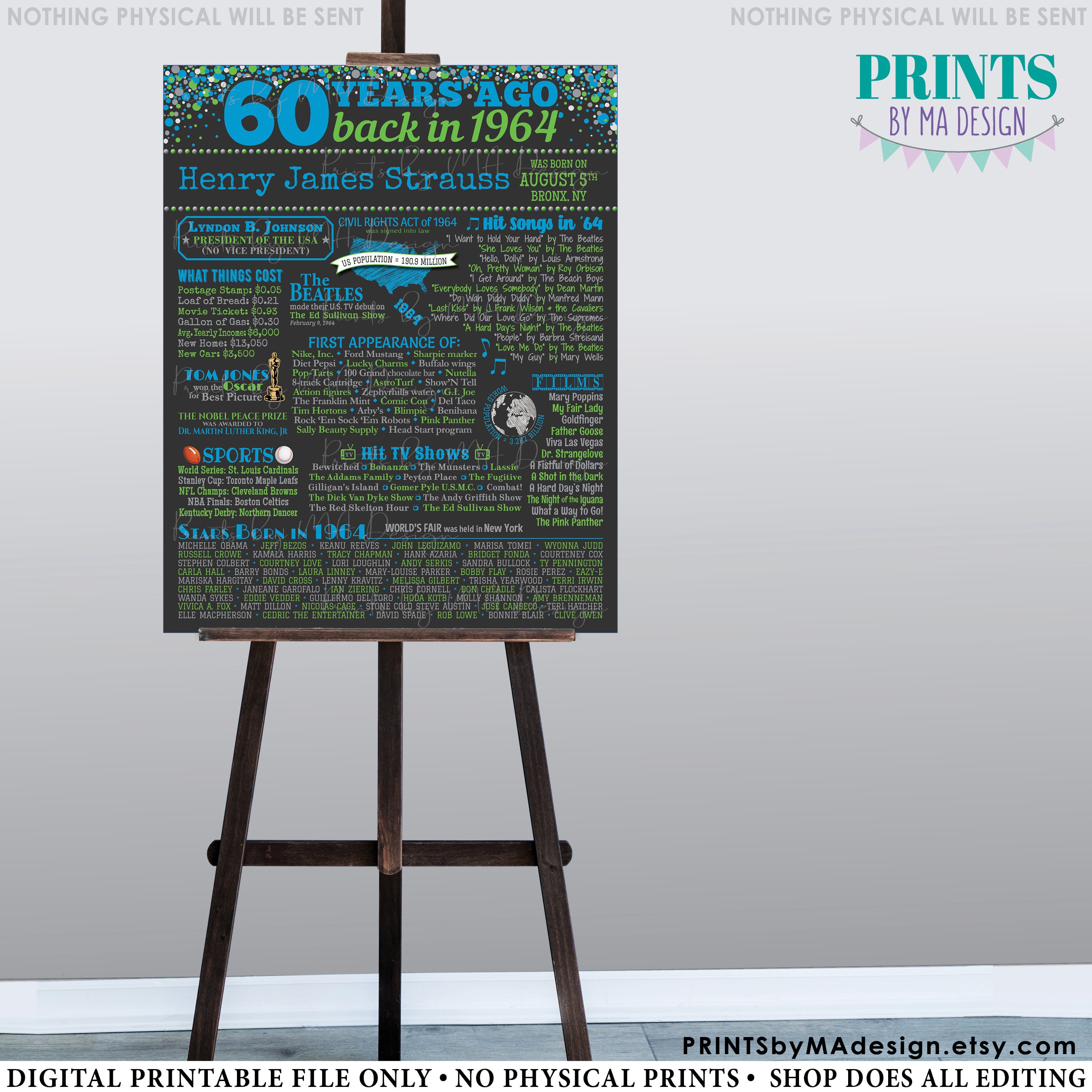 60th Birthday Poster Board, Born in 1964 Flashback 60 Years Ago B-day ...