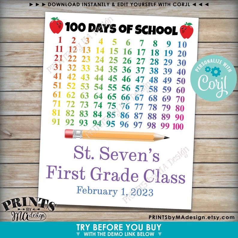 100 Days of School Sign Custom PRINTABLE 8x10/16x20 100th | Etsy