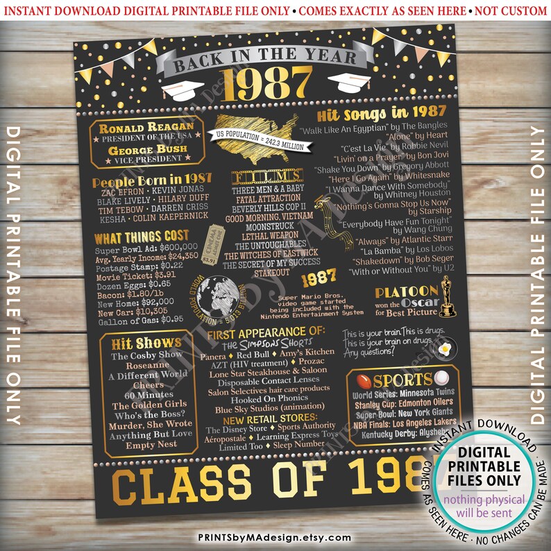 Class of 1987 Reunion Decoration, Back in the Year 1987 Poster Board ...
