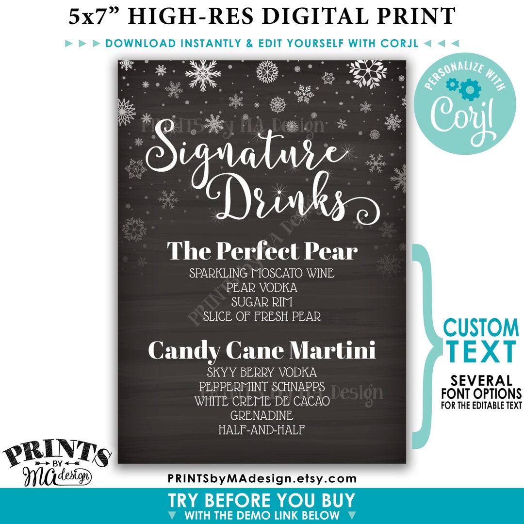 Signature Drinks Sign, Christmas Party Cocktails, PRINTABLE 5x7 ...