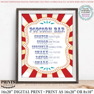 Carnival Popcorn Bar Sign, Popcorn Toppings, Directions, Circus ...