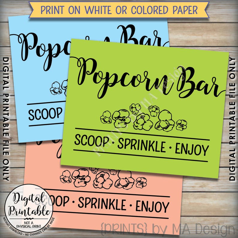 Popcorn Bar Sign, Popcorn Bar Directions, Wedding Popcorn Toppings ...