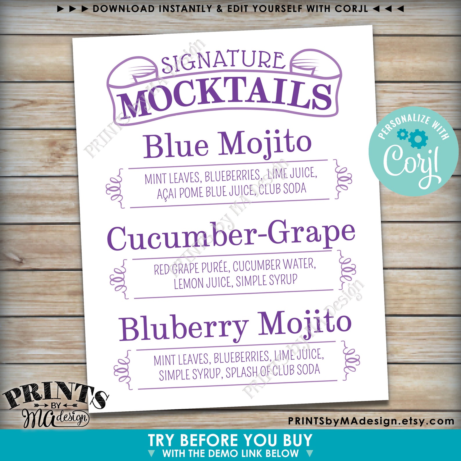 Signature Mocktails Sign, 3 Non-alcoholic Beverages, Custom PRINTABLE ...