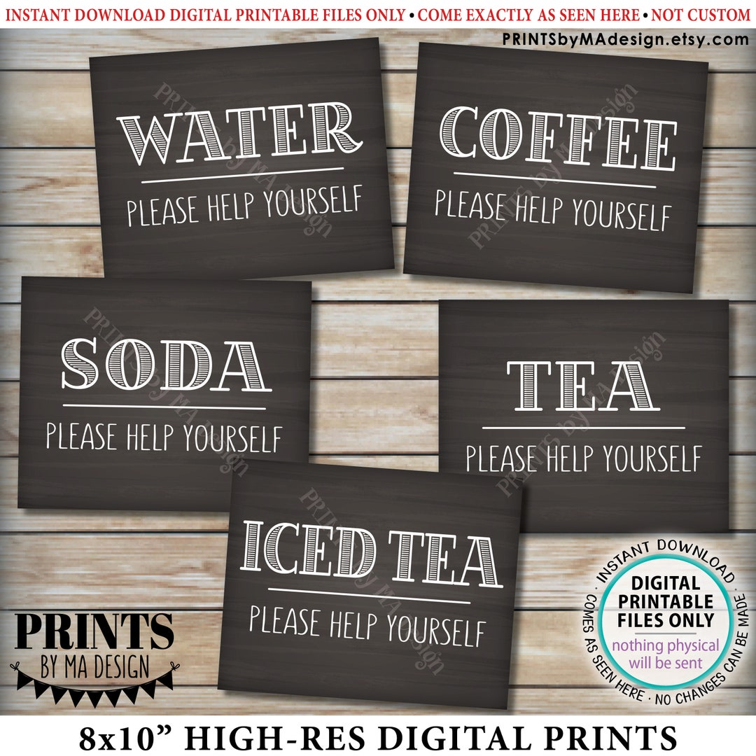 Beverage Signs, Please Help Yourself to Water, Soda, Coffee, Tea, Iced ...