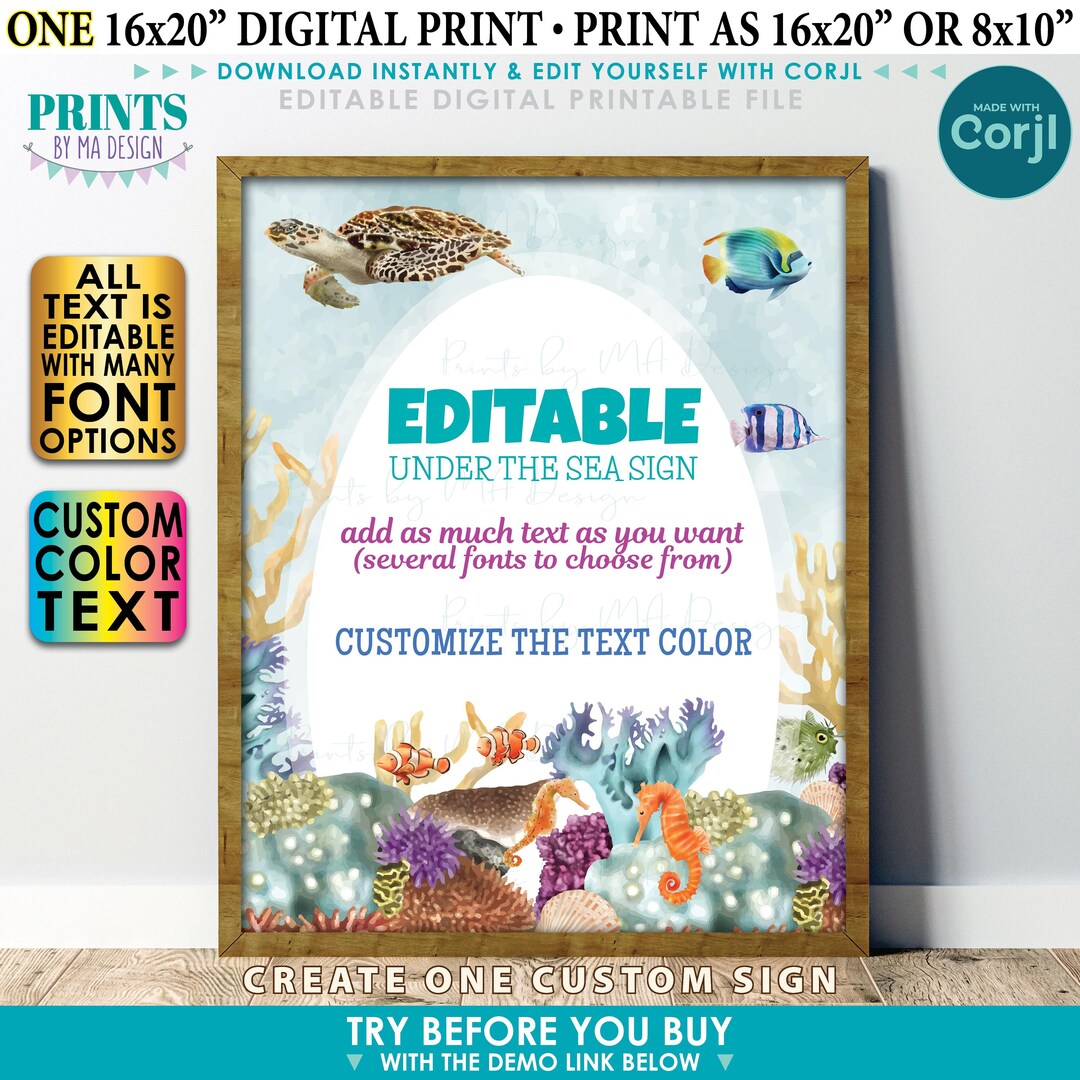 Editable Sea Life Sign, Welcome to the Under the Sea Event, Ocean ...