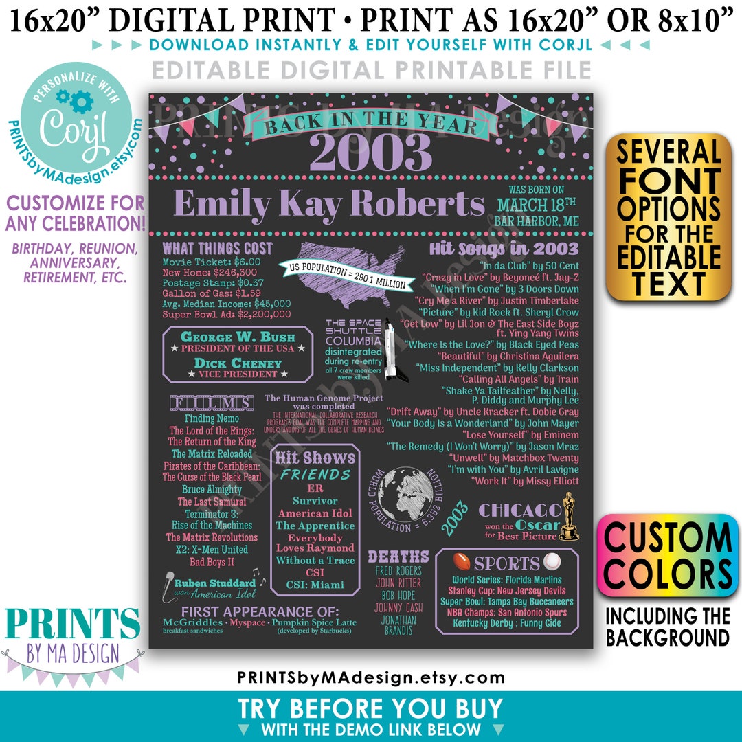 Back in 2003 Poster, Birthday Anniversary Reunion, Custom PRINTABLE ...
