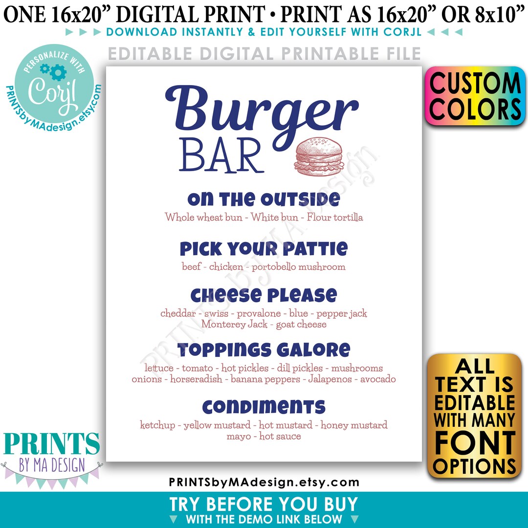Editable Burger Sign, Custom Burger Bar Menu, Build Yourself a Burger ...
