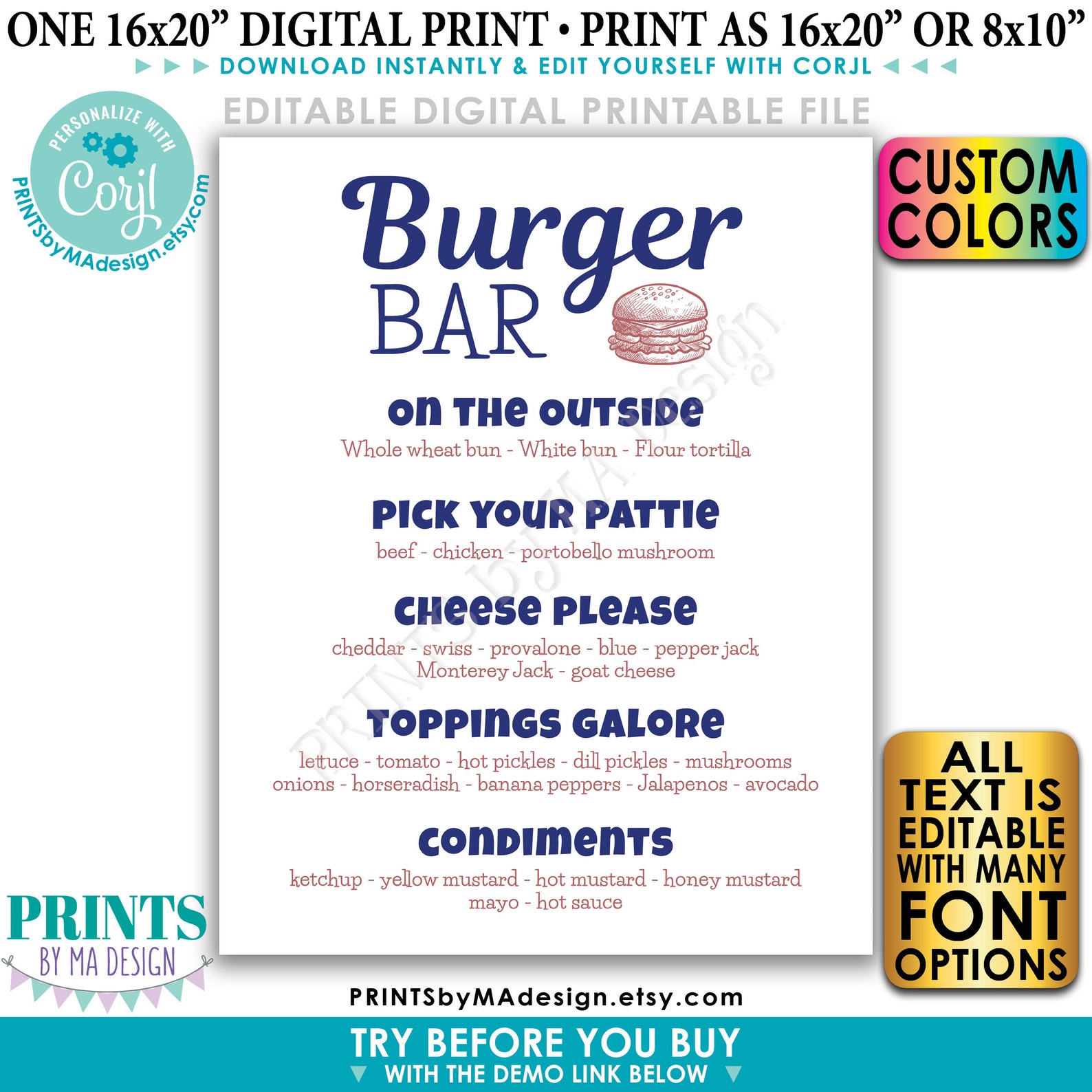 Editable Burger Sign, Custom Burger Bar Menu, Build Yourself a Burger ...