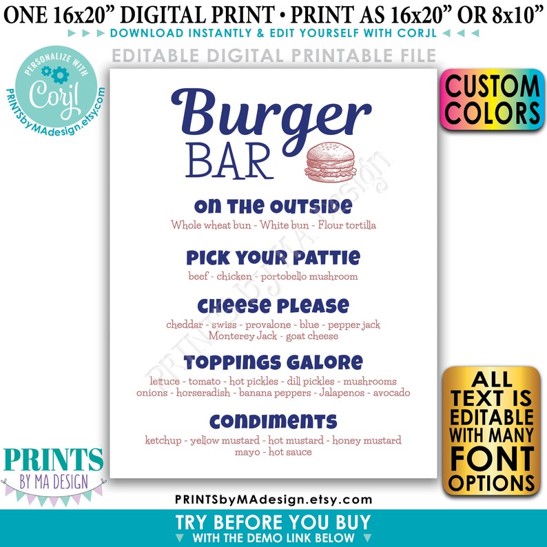 Editable Burger Sign, Custom Burger Bar Menu, Build Yourself a Burger ...