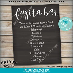 Fajita Bar Menu Sign, Fiesta Party Menu, Custom PRINTABLE 8x10/16x20 ...