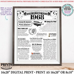 Back in the Year 1968 Poster Board, Remember 1968 Sign, Flashback to ...