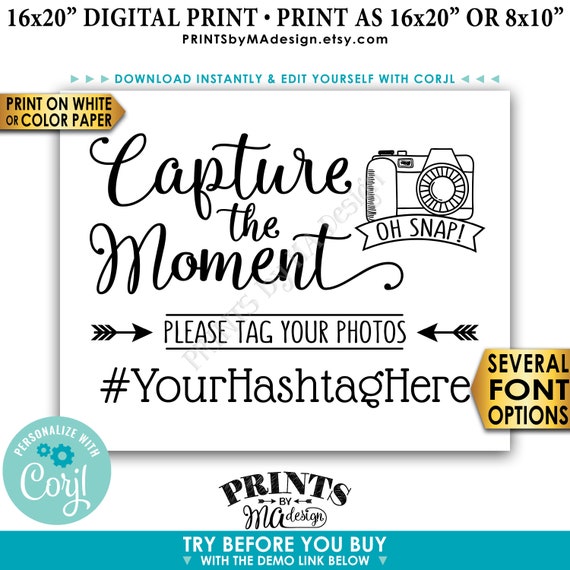 Capture the Moment Hashtag Sign Tag Your Photos on Social - Etsy