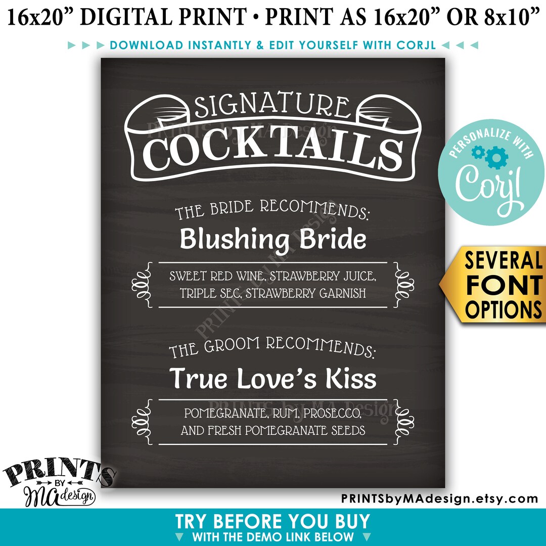 Signature Cocktails Sign, Bride & Groom Recommend, PRINTABLE 8x10/16x20 ...