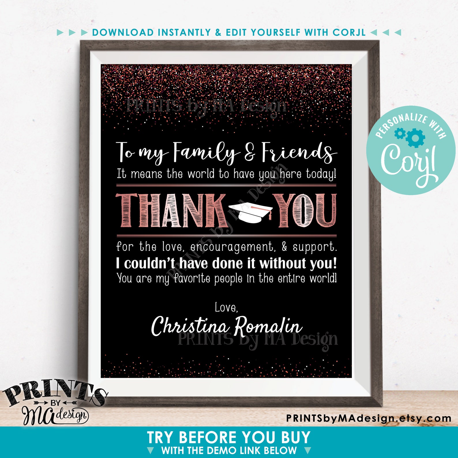 Graduation Thank You Sign PRINTABLE 8x10/16x20 Black & Rose | Etsy