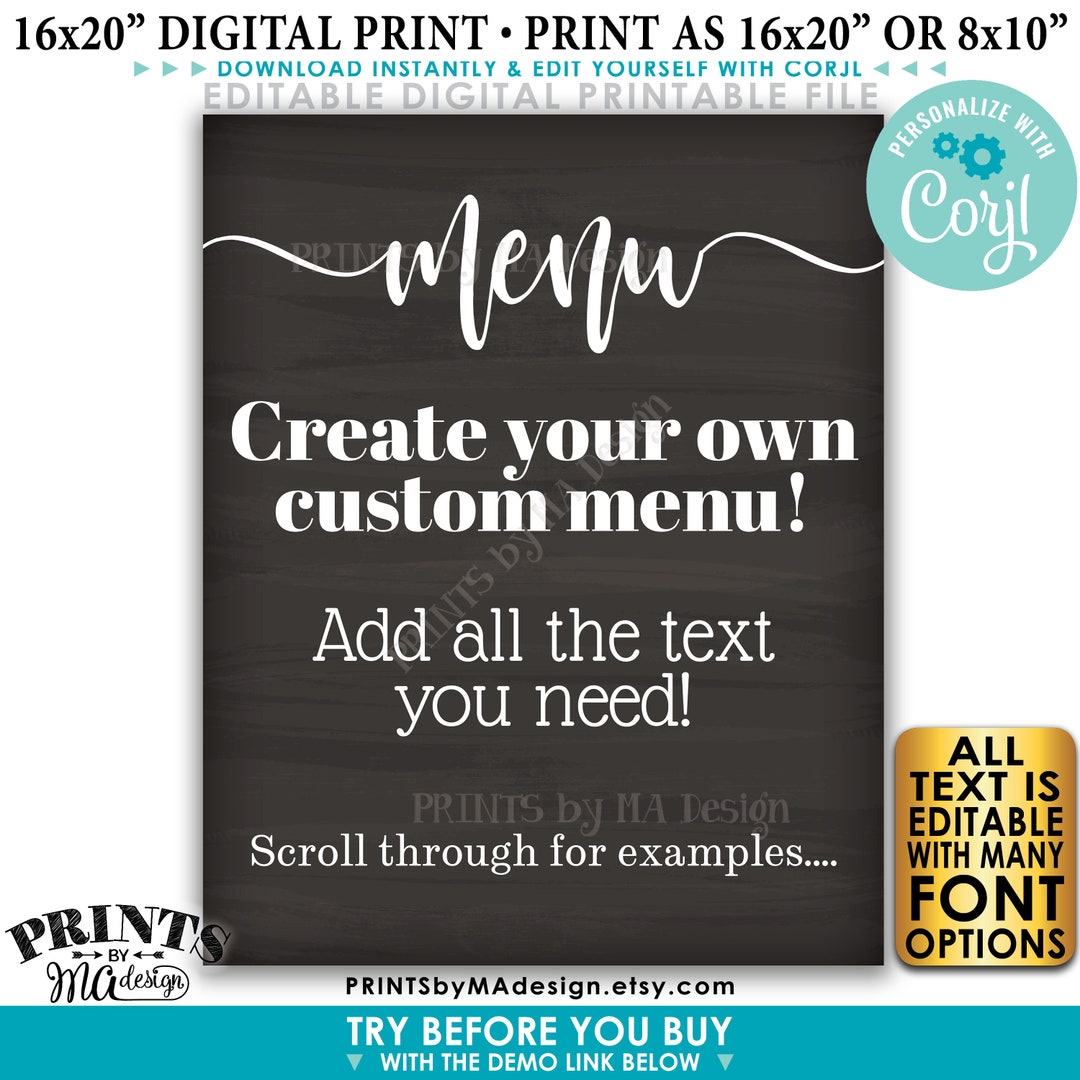 Custom Menu Sign, PRINTABLE 8x10/16x20” Chalkboard Style Menu (wedding ...