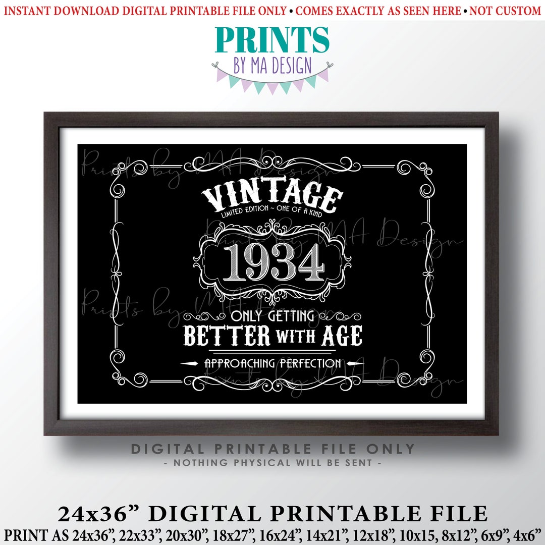 1934 Birthday Sign, Vintage Better With Age Poster, Whiskey Theme ...