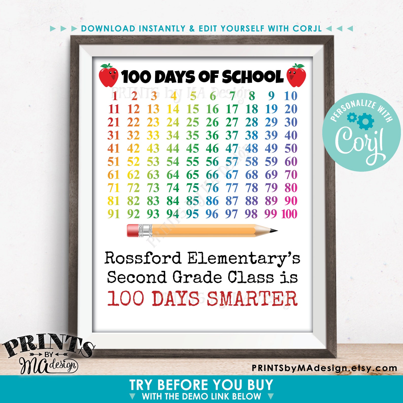 100 Days of School Sign Custom PRINTABLE 8x10/16x20 100th | Etsy
